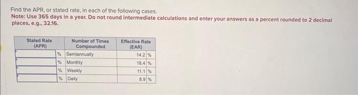 Solved Find the APR, or stated rate, in each of the | Chegg.com