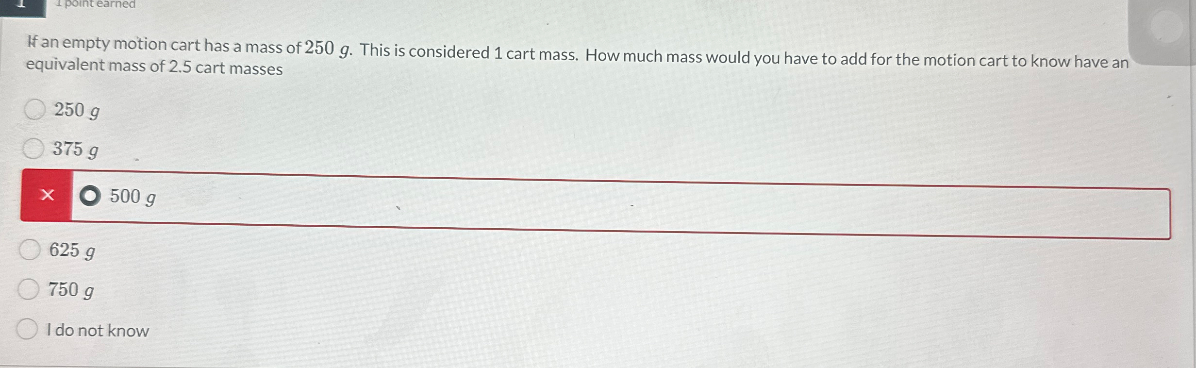 Solved 1 ﻿point earnedIf an empty motion cart has a mass of | Chegg.com