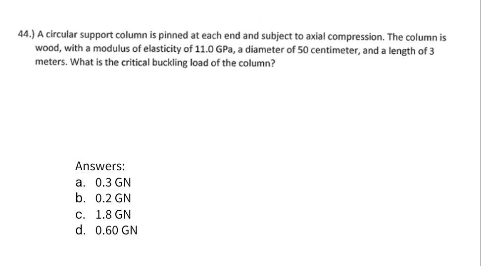 Solved 44.) A circular support column is pinned at each end | Chegg.com