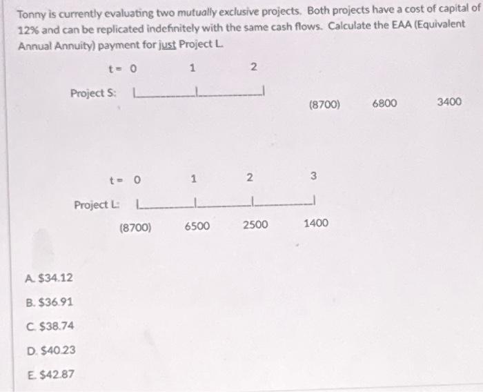 Solved Tonny is currently evaluating two mutually exclusive | Chegg.com