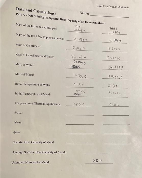 Solved A: Determining the Specific Heat Capacity of an | Chegg.com