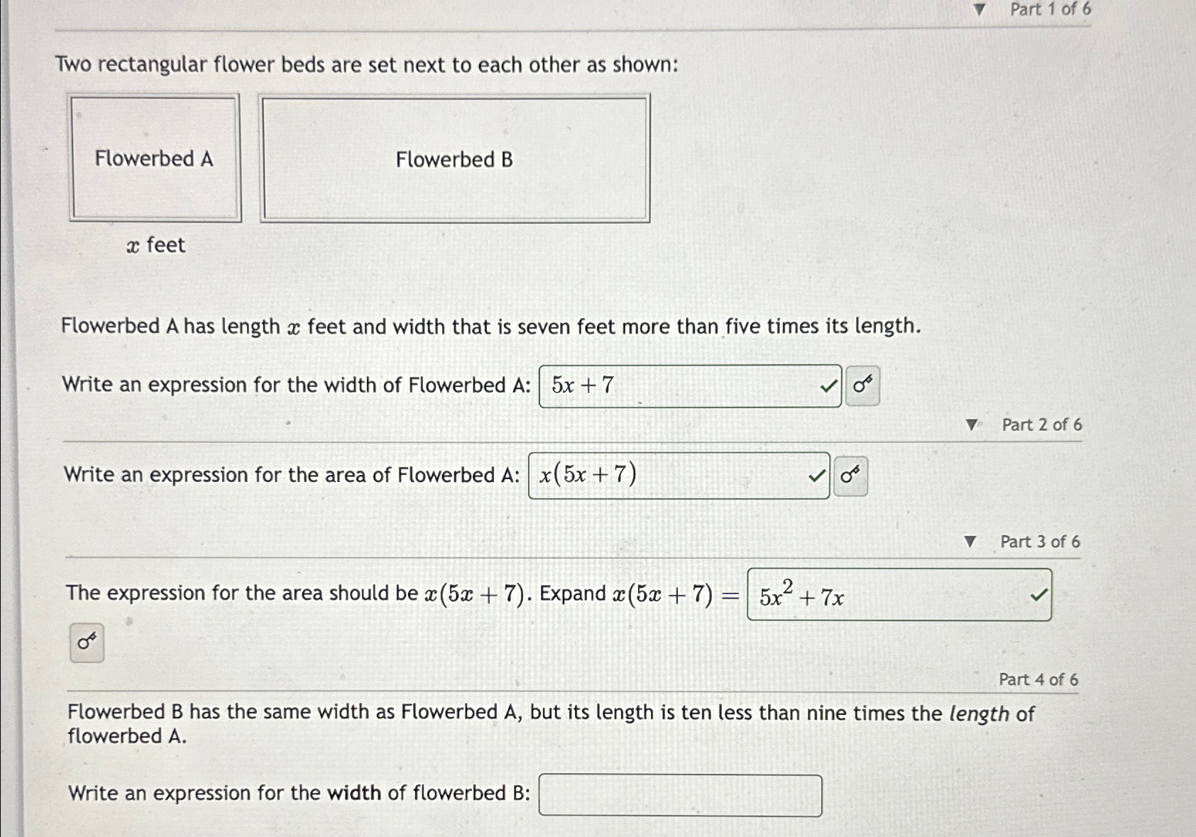 Solved Part 1 ﻿of 6Two rectangular flower beds are set next | Chegg.com