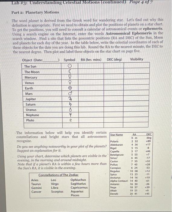 LAB # 3 Understanding Celestial Motions OVERVIEW If | Chegg.com