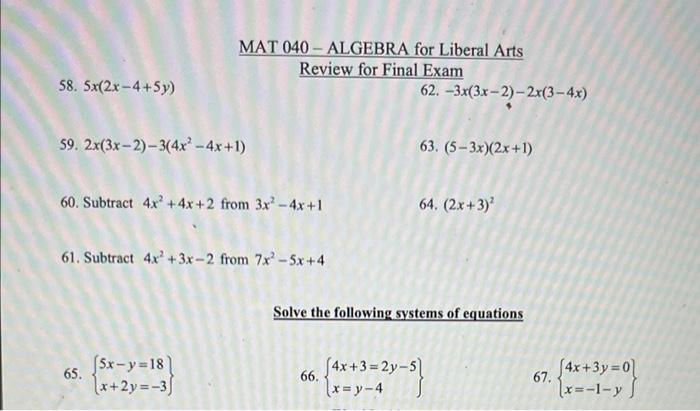 Solved MAT 040 - ALGEBRA for Liberal Arts Review for Final | Chegg.com