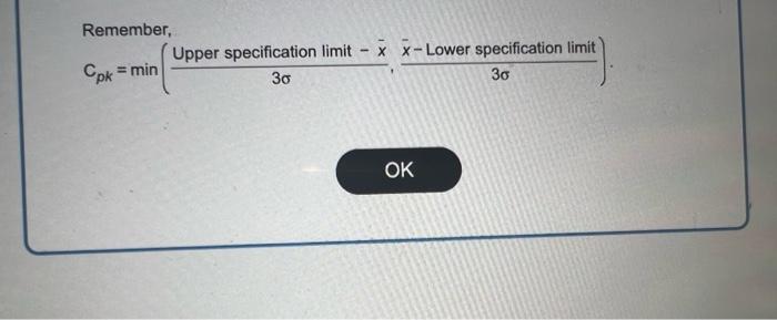 Solved Remember, Cpk=min(3σ Upper specification limit | Chegg.com