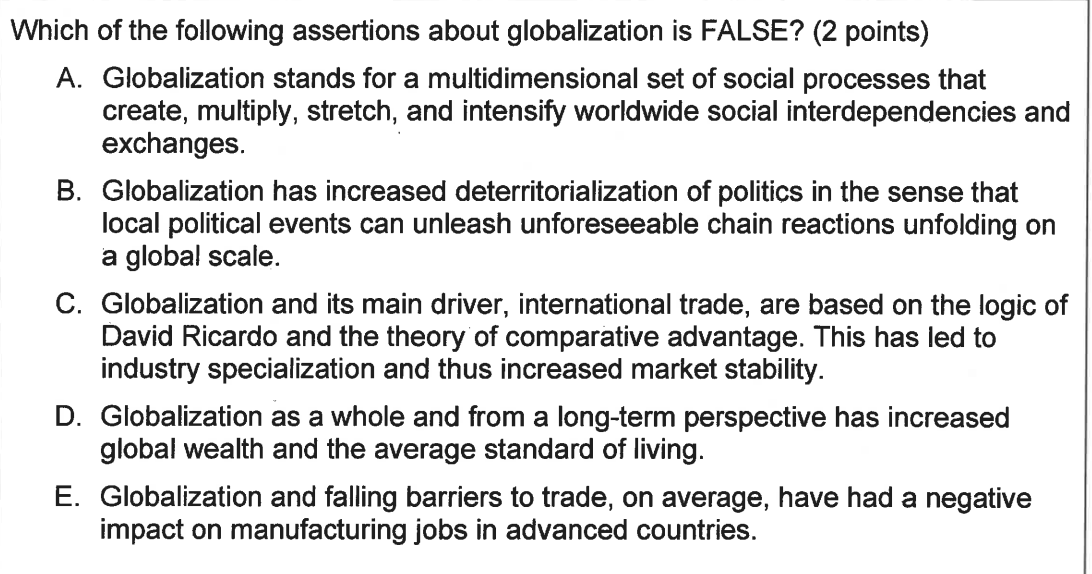 Solved Which of the following assertions about globalization | Chegg.com