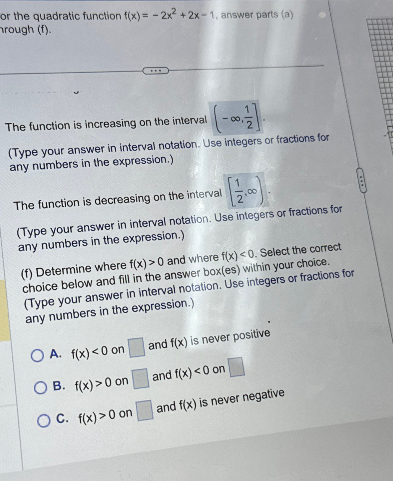 Solved or the quadratic function f(x)=-2x2+2x-1, ﻿answer | Chegg.com