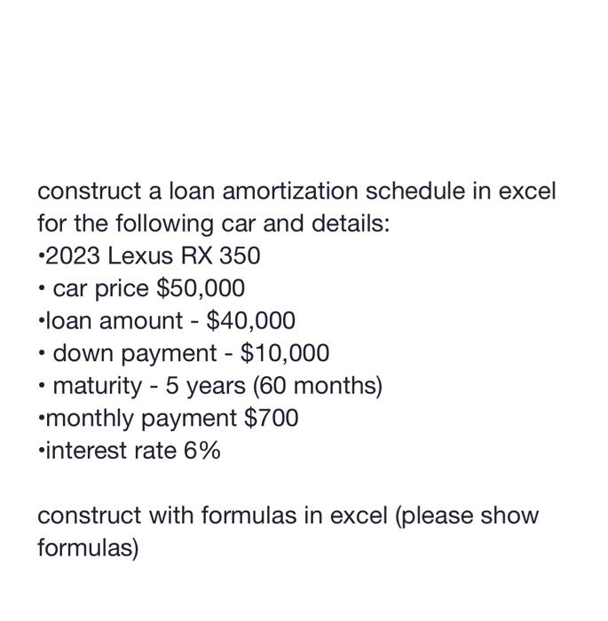 Solved construct a loan amortization schedule in excel for | Chegg.com