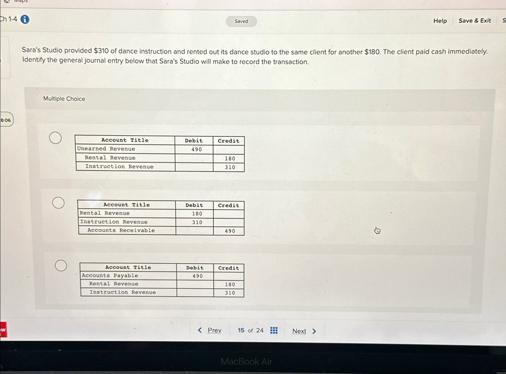 Solved Ch 1-4HelpSave & ExitSara's Studio provided $310 ﻿of | Chegg.com