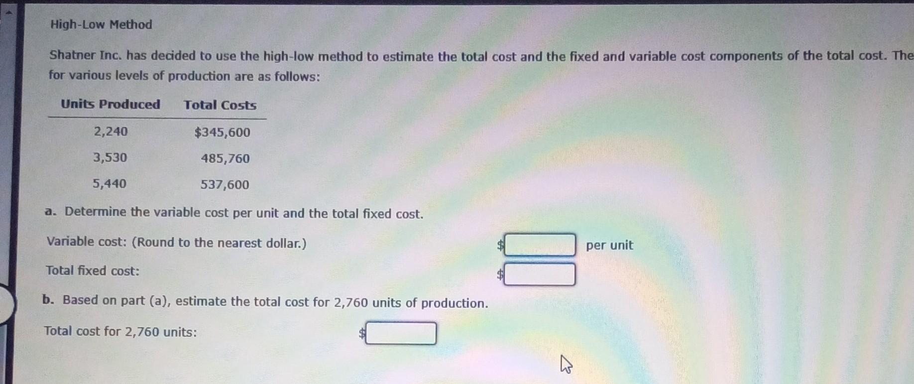 Solved Shatner Inc. has decided to use the high-low method | Chegg.com