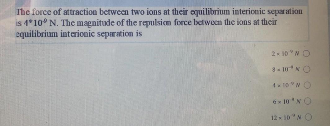 Solved The force of attraction between two ions at their | Chegg.com