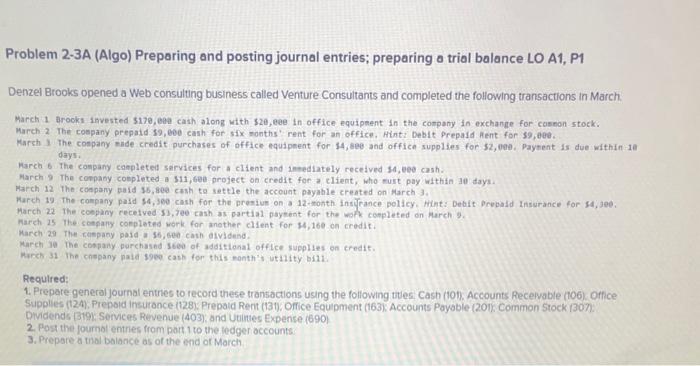 Solved Problem 2-3A (Algo) Preparing and posting journal | Chegg.com