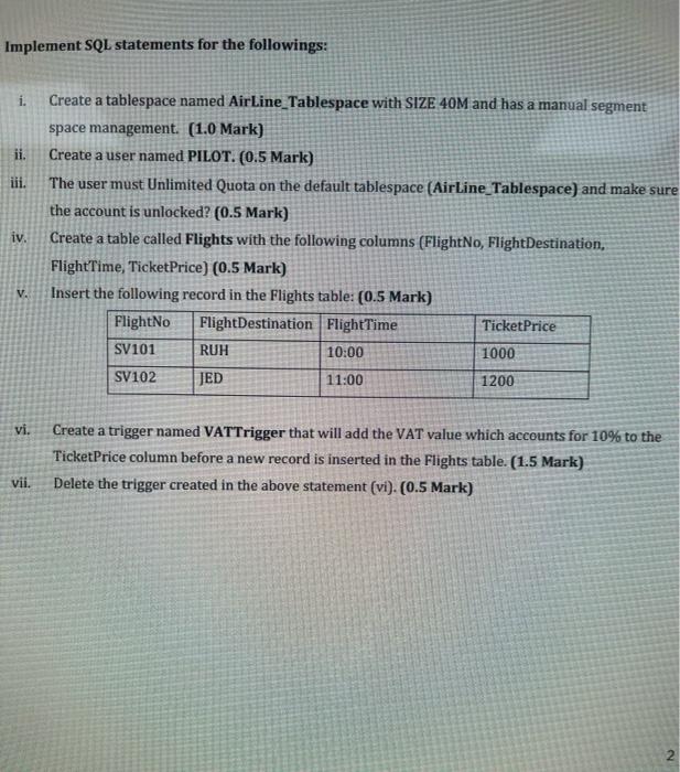 Solved Implement SQL statements for the followings: i. ii. | Chegg.com
