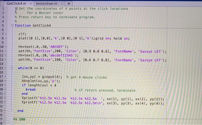 Part 1: Modify the matlab code GetClick4.n to display | Chegg.com