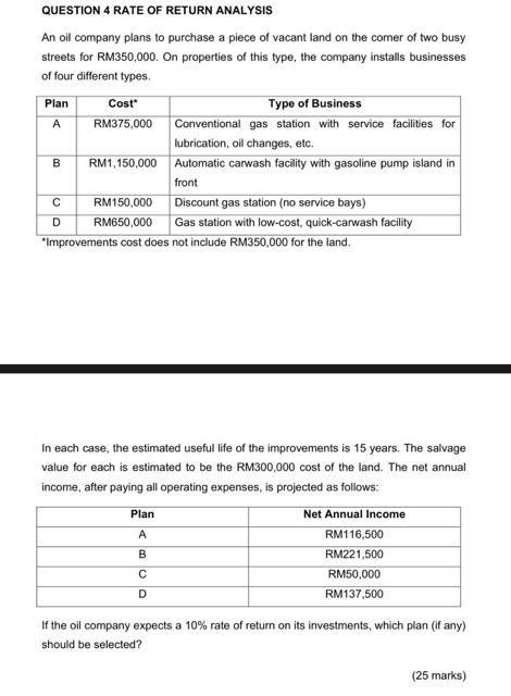 Solved QUESTION 4 RATE OF RETURN ANALYSIS An oil company | Chegg.com