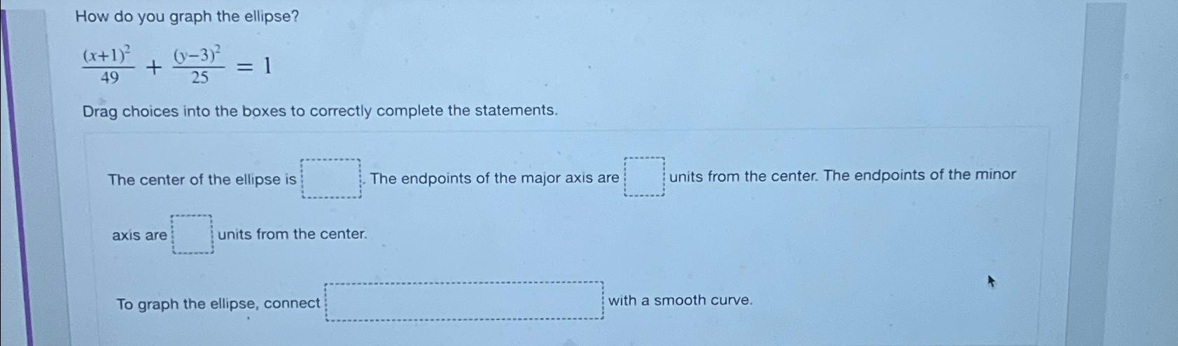 Solved How do you graph the ellipse?(x+1)249+(y-3)225=1Drag | Chegg.com