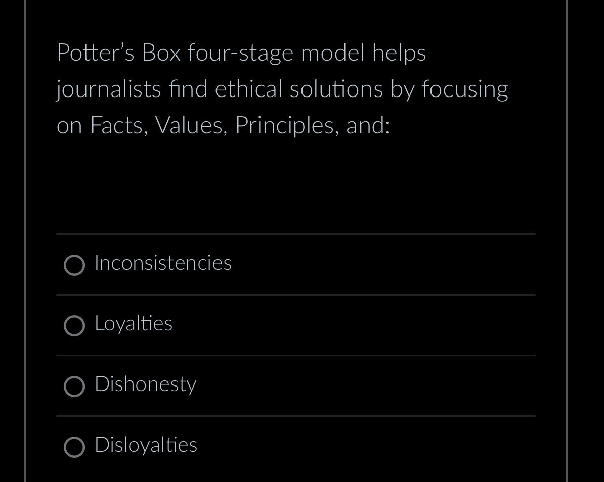 Solved Potter's Box four-stage model helps journalists find | Chegg.com