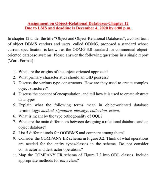 Solved Assignment on Object-Relational Databases-Chapter 12 | Chegg.com Solved Assignment on Object-Relational Databases-Chapter 12 | Chegg.com