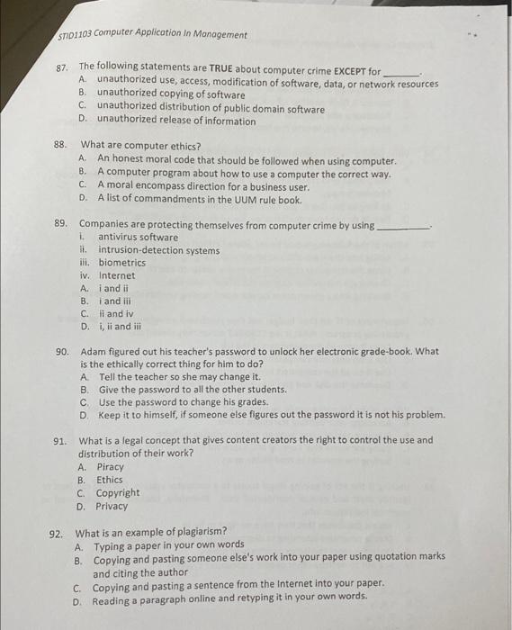 Solved STD1103 Computer Application in Management 23. A is | Chegg.com