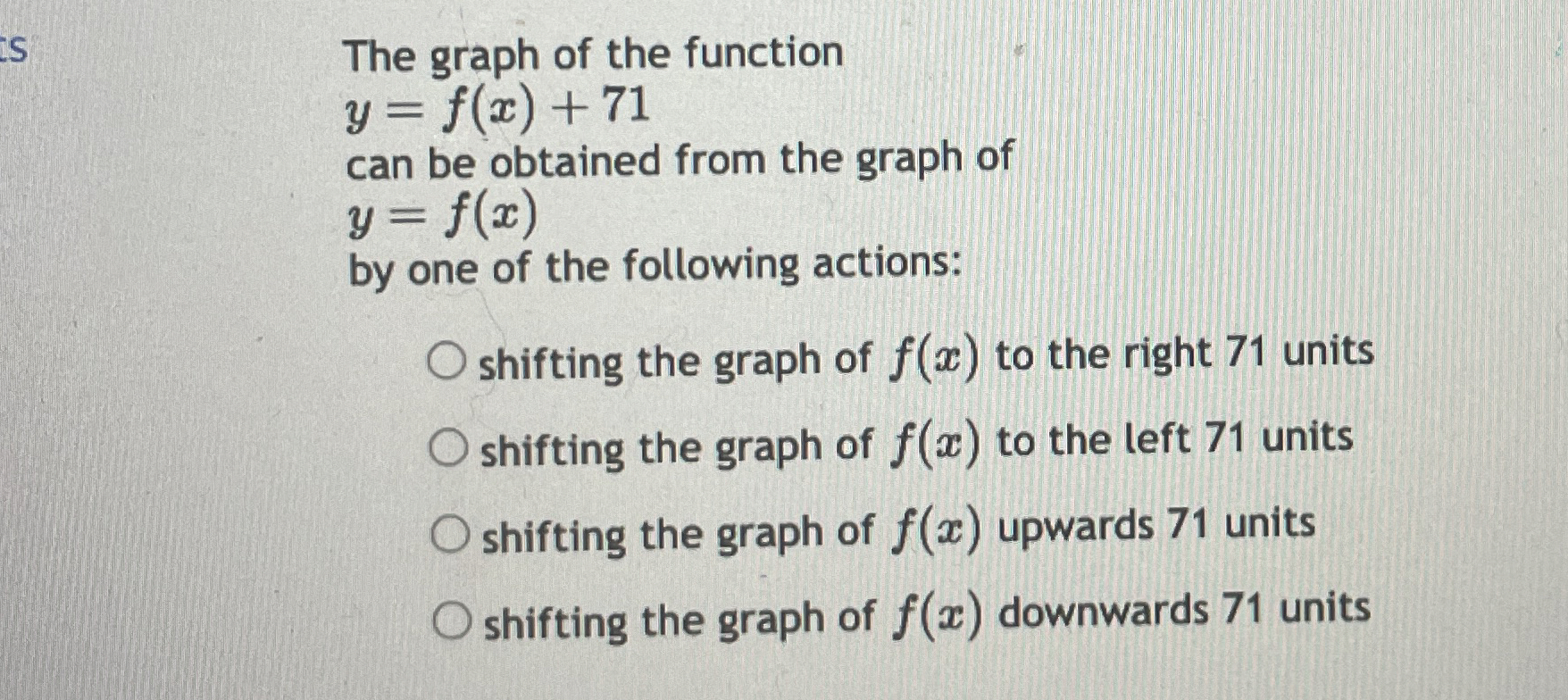 Solved The graph of the functiony=f(x)+71can be obtained | Chegg.com