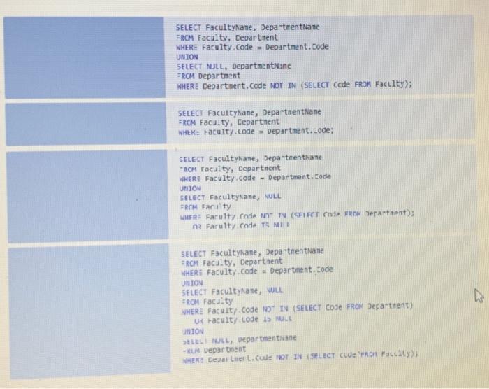 Solved SELECT FacultyNane, JepartrentNane = RCM Facuity, | Chegg.com