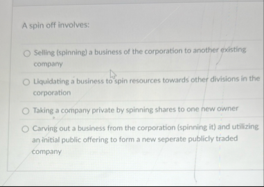 Solved A spin off involves:Selling (spinning) ﻿a business of | Chegg.com