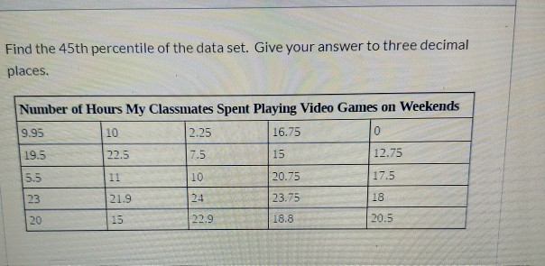 Solved Find the 45th percentile of the data set. Give your | Chegg.com