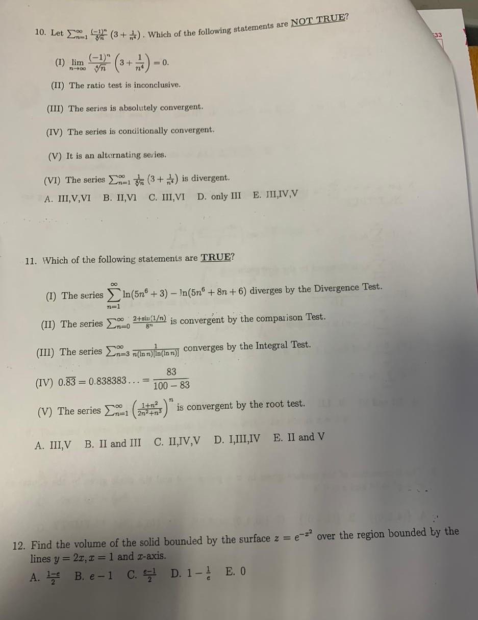 Solved 10. Let ∑n=1∞3n(−1)n(3+nπ1). Which of the following | Chegg.com