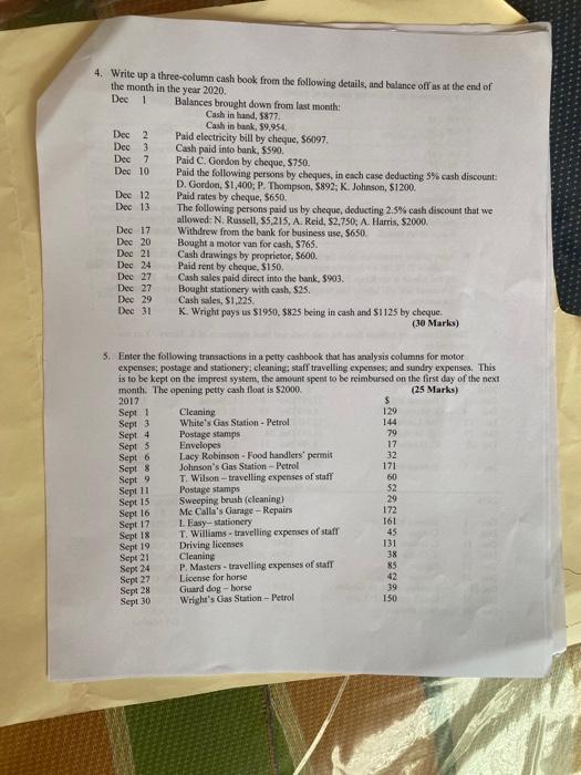 Solved 4. Write up a three-column cash book from the | Chegg.com