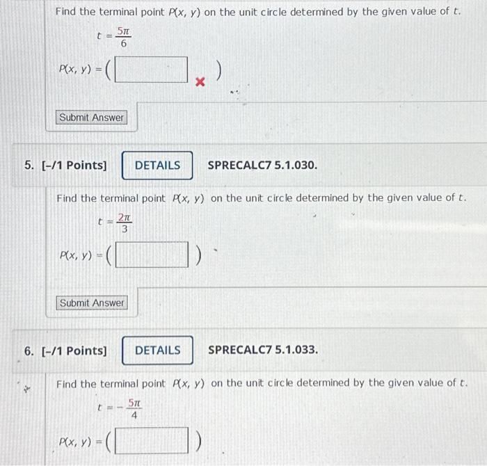 Solved Find the terminal point P(x,y) on the unit circle | Chegg.com