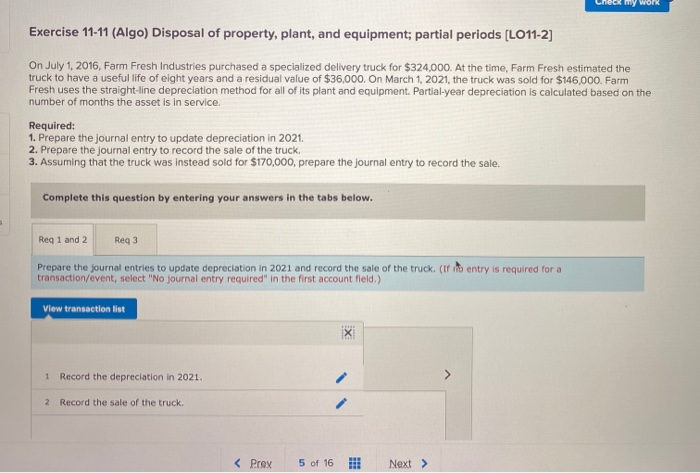 Solved Check my work Exercise 11-11 (Algo) Disposal of | Chegg.com