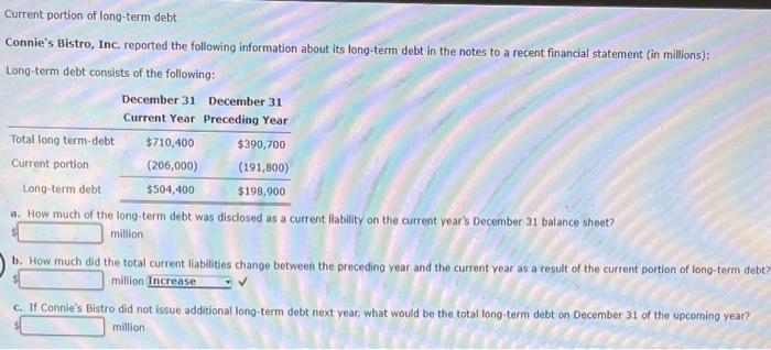 Solved Current portion of long-term debt Connie's Bistro, | Chegg.com