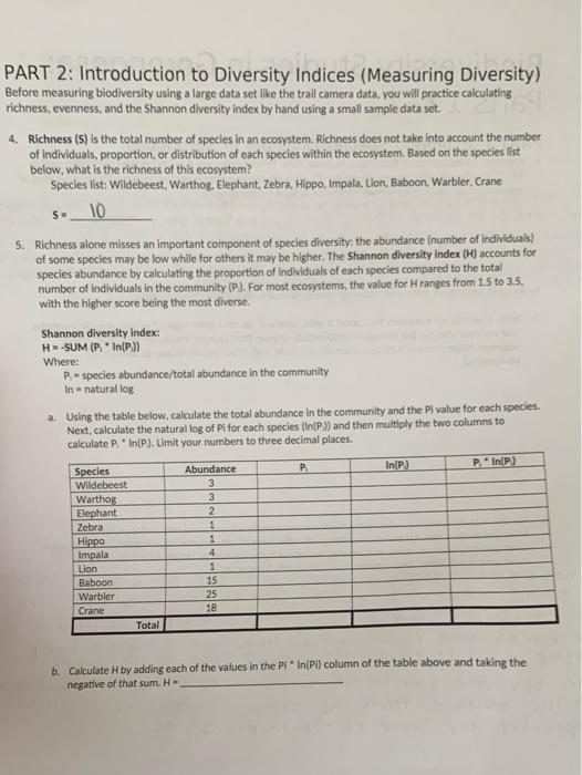 Solved PART 2: Introduction to Diversity Indices (Measuring | Chegg.com