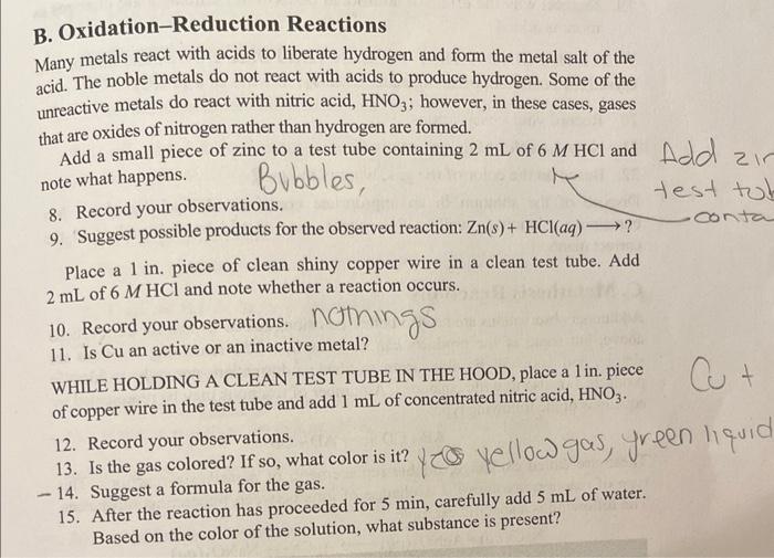 Solved B. Oxidation-Reduction Reactions Many metals react | Chegg.com