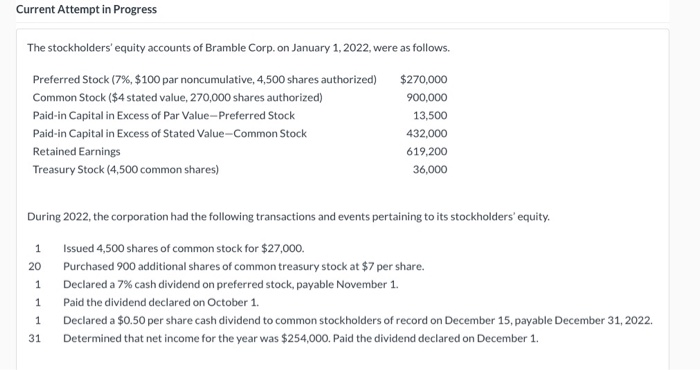Solved Current Attempt in Progress The stockholders' equity | Chegg.com