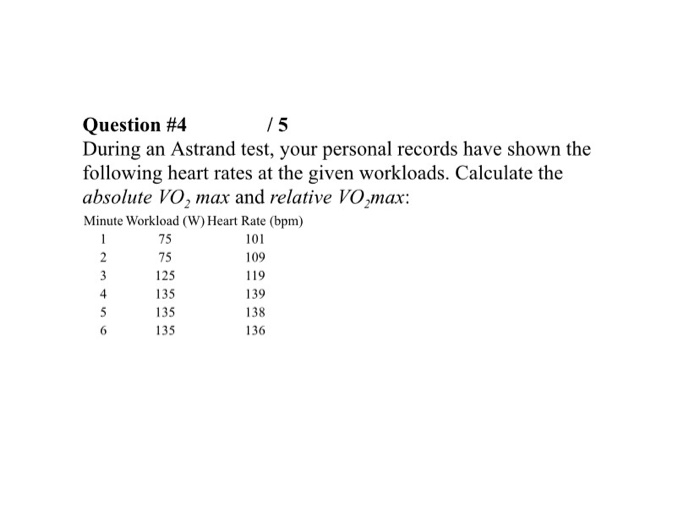 /5 Question #4 During an Astrand test, your personal | Chegg.com
