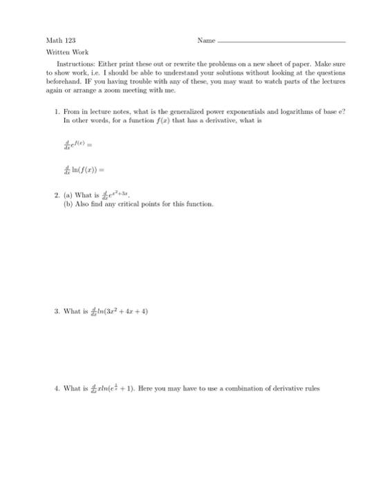 Solved Math 123 Nama Written Work Instructions: Either print | Chegg.com