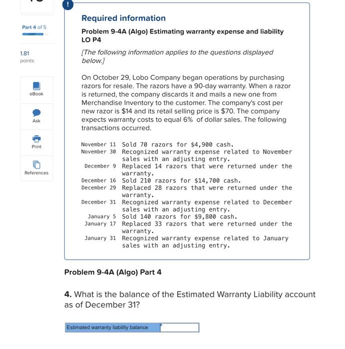 Solved Required information Problem 9-4A (Algo) Estimating | Chegg.com