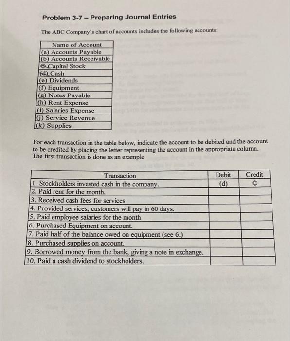 Solved Problem 3-7 - Preparing Journal Entries The ABC | Chegg.com