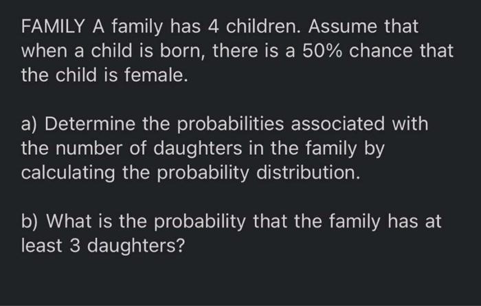 Solved FAMILY A family has 4 children. Assume that when a | Chegg.com