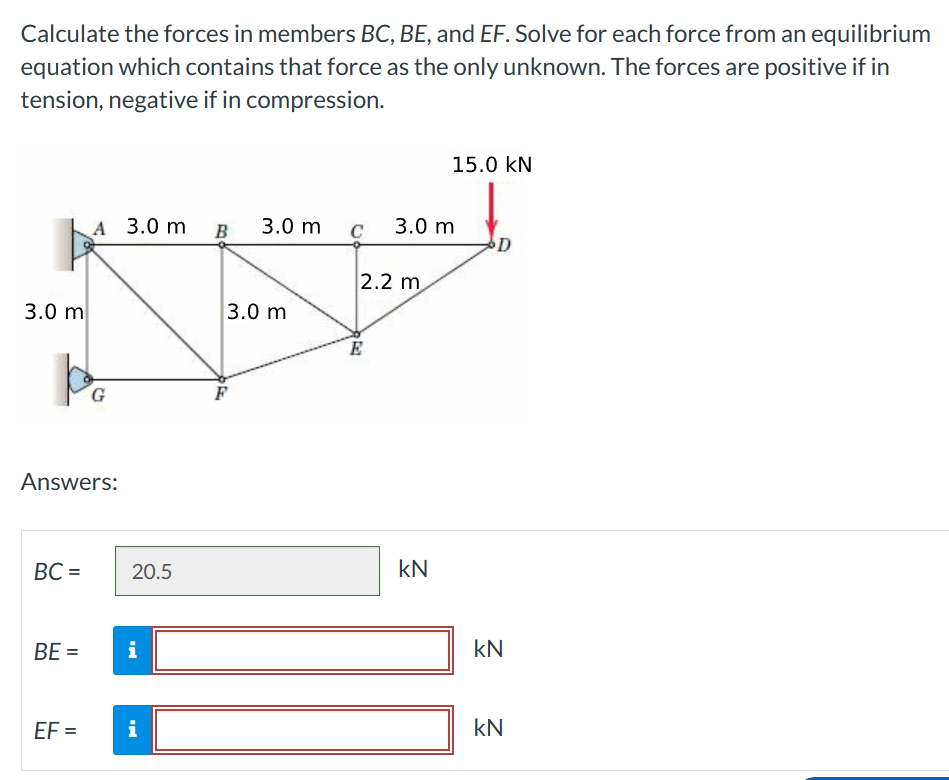 Solved -Calculate the forces in members BC,BE, ﻿and EF. | Chegg.com