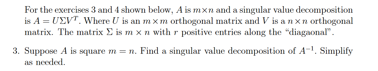 Solved For the exercises 3 ﻿and 4 ﻿shown below, A ﻿is m×n | Chegg.com