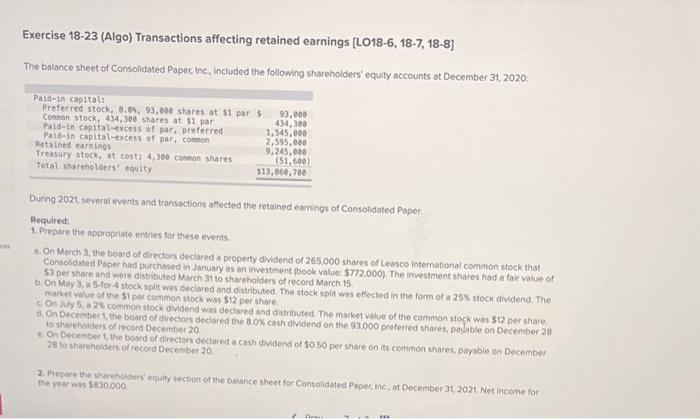 Exercise 18-23 (Algo) Transactions affecting retained | Chegg.com