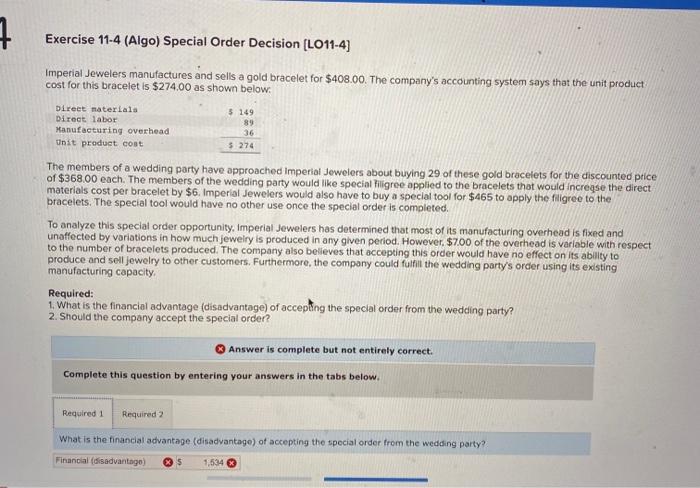 Solved Exercise 11-4 (Algo) Special Order Decision [LO11-4] | Chegg.com