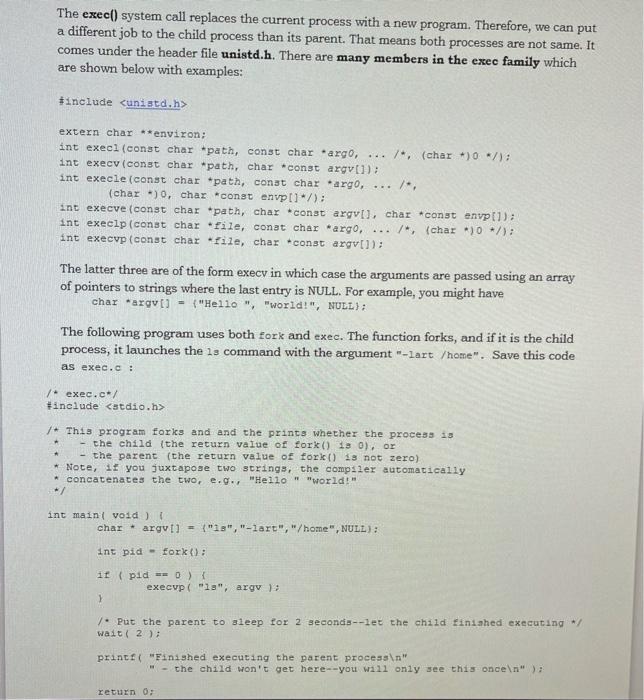 Solved The exec() system call replaces the current process | Chegg.com