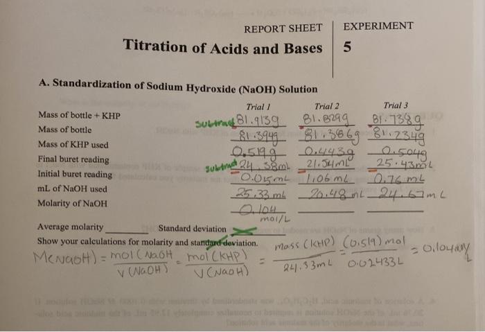 Solved REPORT SHEET EXPERIMENT Titration of Acids and Bases | Chegg.com