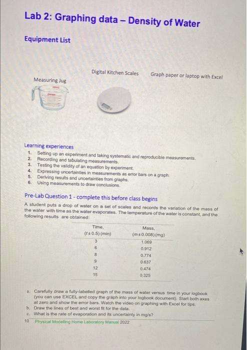 Solved Lab 2: Graphing data - Density of Water - Equipment | Chegg.com