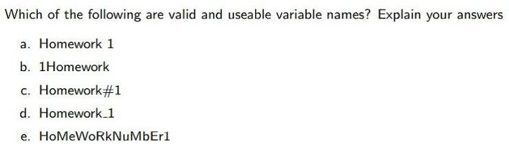 Solved Which of the following are valid and useable variable | Chegg.com