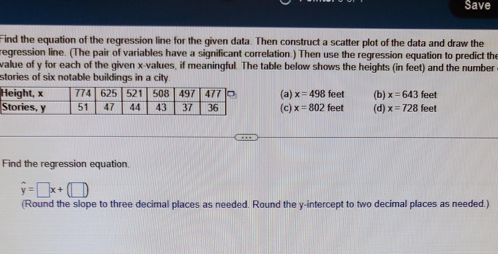Solved Find the equation of the regression line for the | Chegg.com