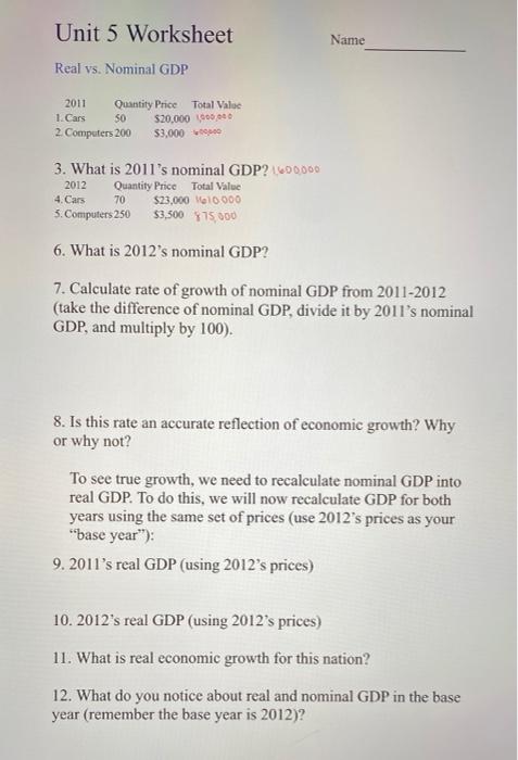 Solved Unit 5 Worksheet Name Real vs. Nominal GDP 2011 | Chegg.com